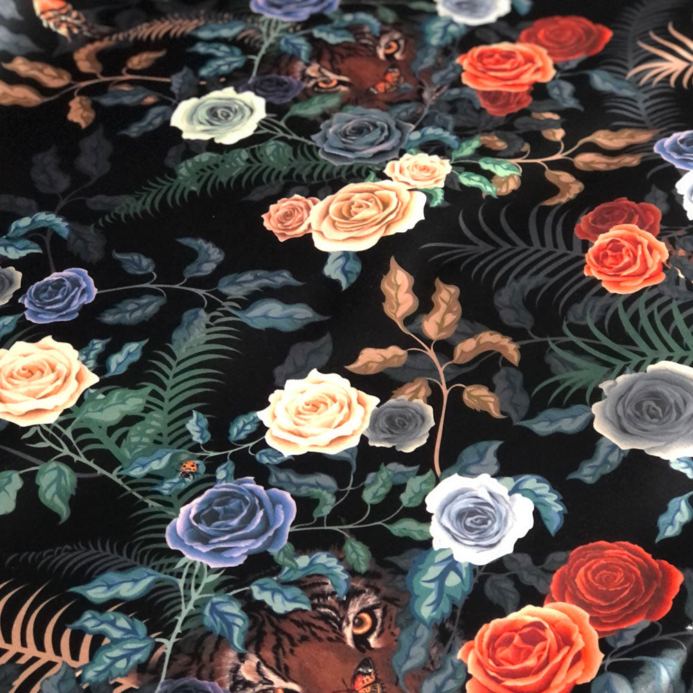 Dramatic Dark Floral Furnishing Fabric with Tigers – Becca Who