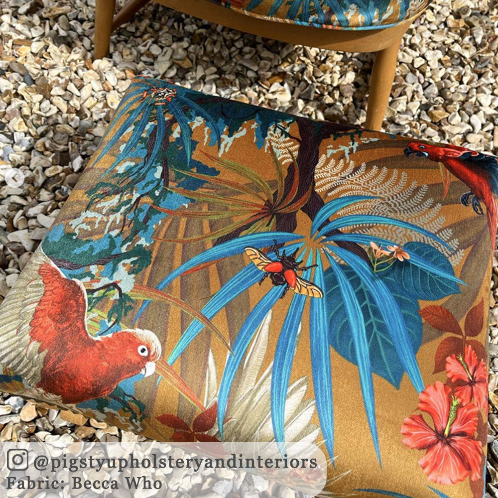 Colourful Rainforest Birds Velvet in Mustard, Becca Who – Becca Who Ltd