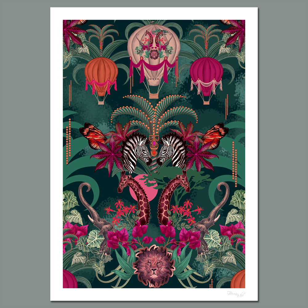 Colourful Wall Art Print | Balloon Safari in Green – Becca Who