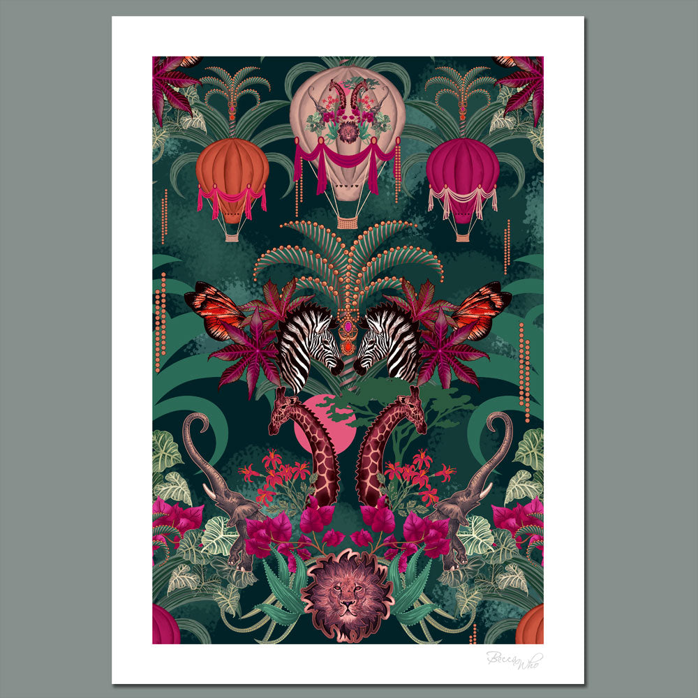 Colourful Wall Art Print | Balloon Safari in Green – Becca Who