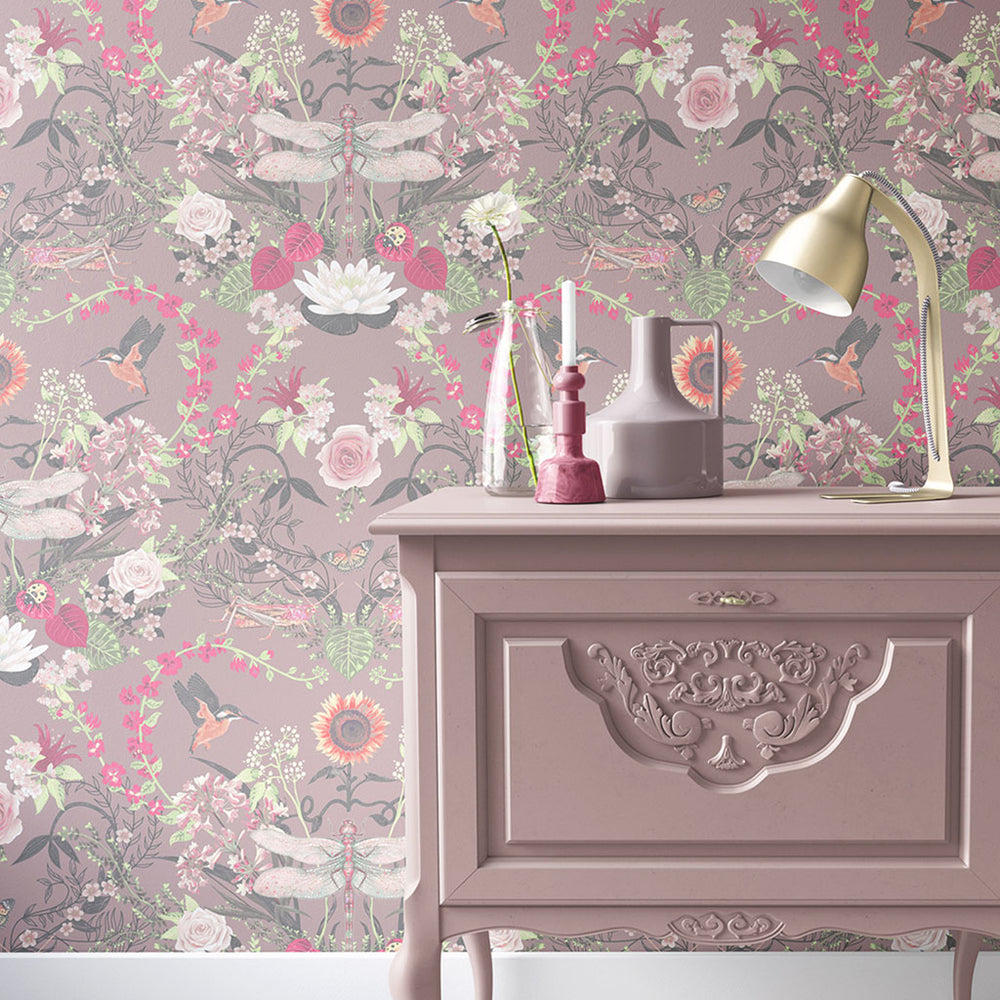 Garden Treasures in Dusty Rose | English Country Floral Wallpaper ...