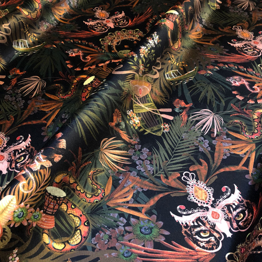 Becca Who Designer Velvet Fabric | Patterned Jungle Print on Black