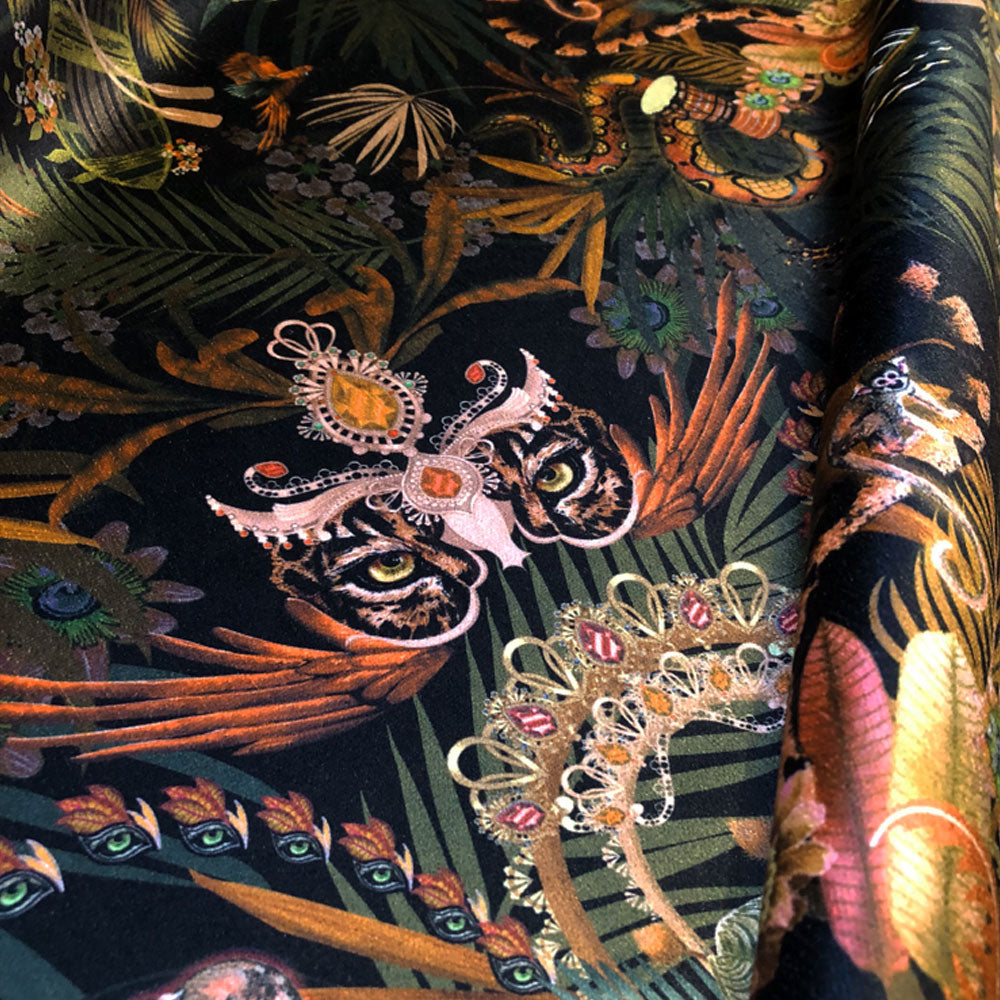Becca Who Designer Velvet Fabric | Patterned Jungle Print on Black