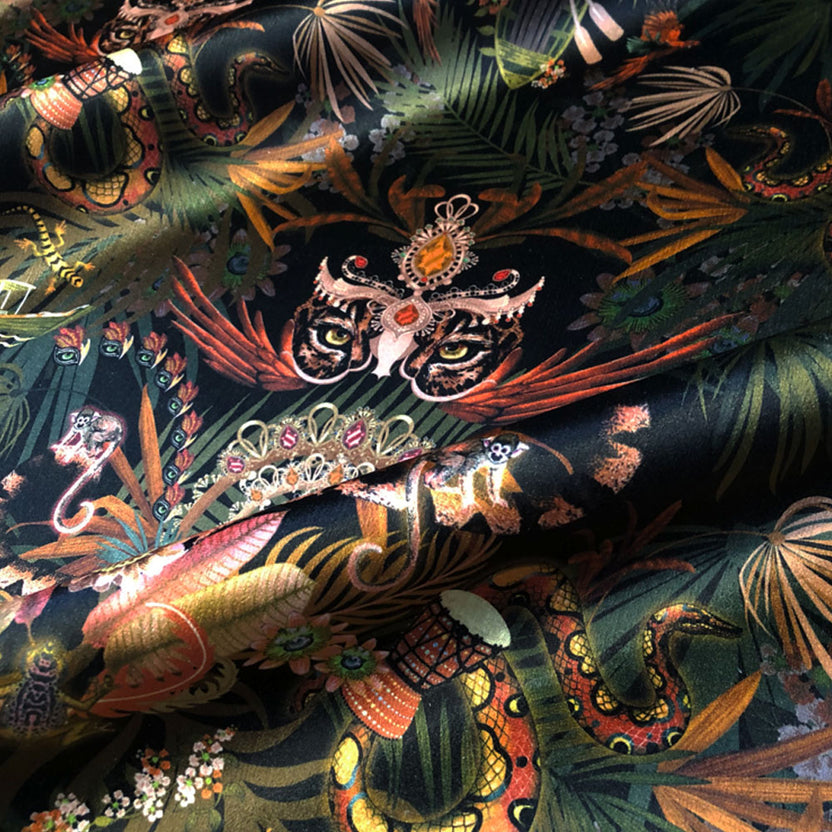 Becca Who Designer Velvet Fabric | Patterned Jungle Print on Black