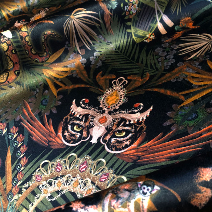 Becca Who Designer Velvet Fabric | Patterned Jungle Print on Black
