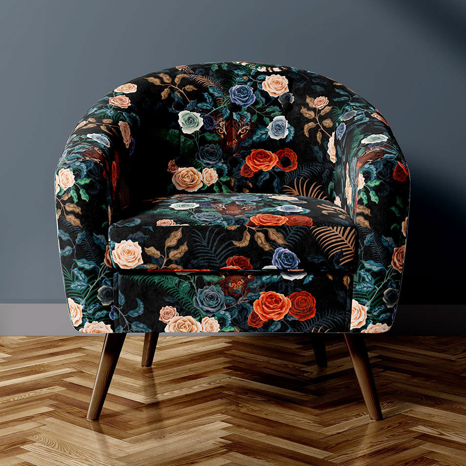 Dramatic Dark Floral Furnishing Fabric with Tigers – Becca Who