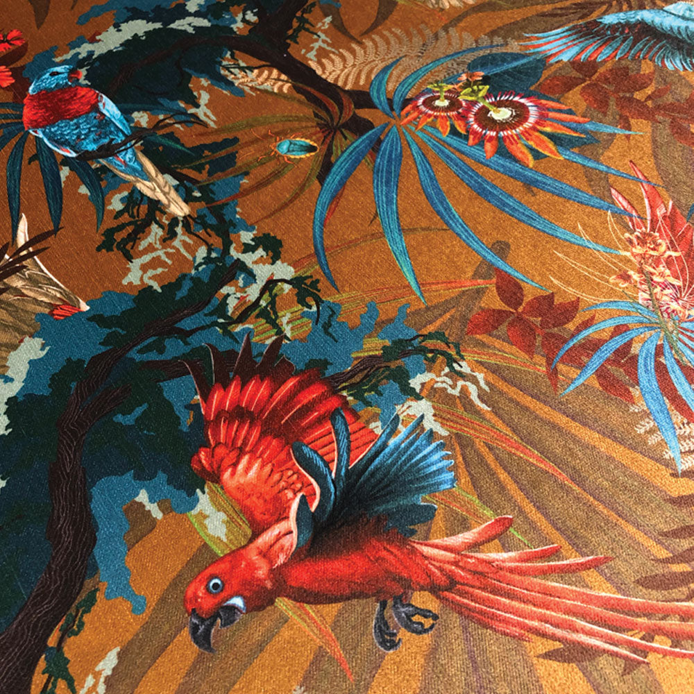 Colourful Rainforest Birds Velvet in Mustard, Becca Who – Becca Who Ltd