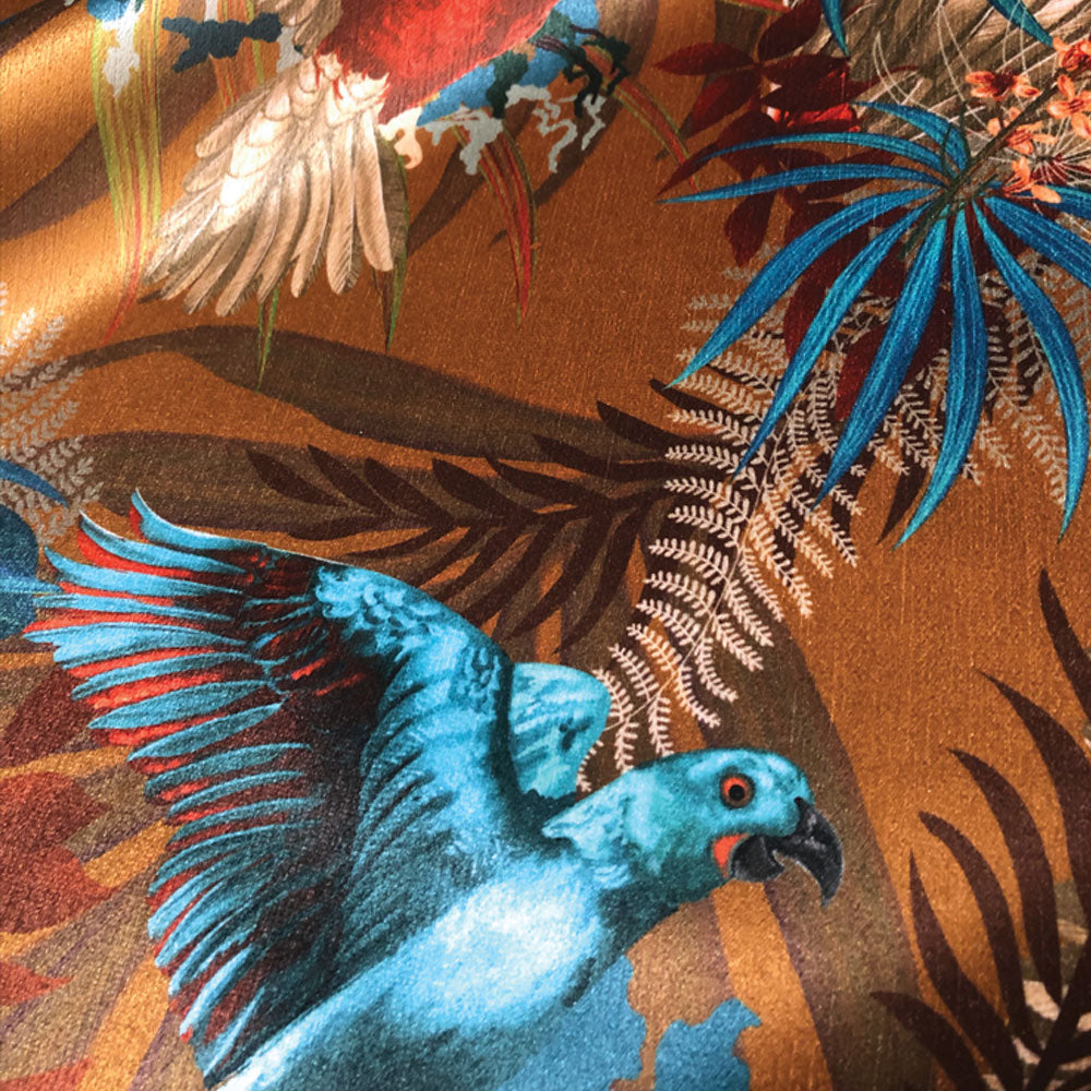 Colourful Rainforest Birds Velvet in Mustard, Becca Who – Becca Who Ltd