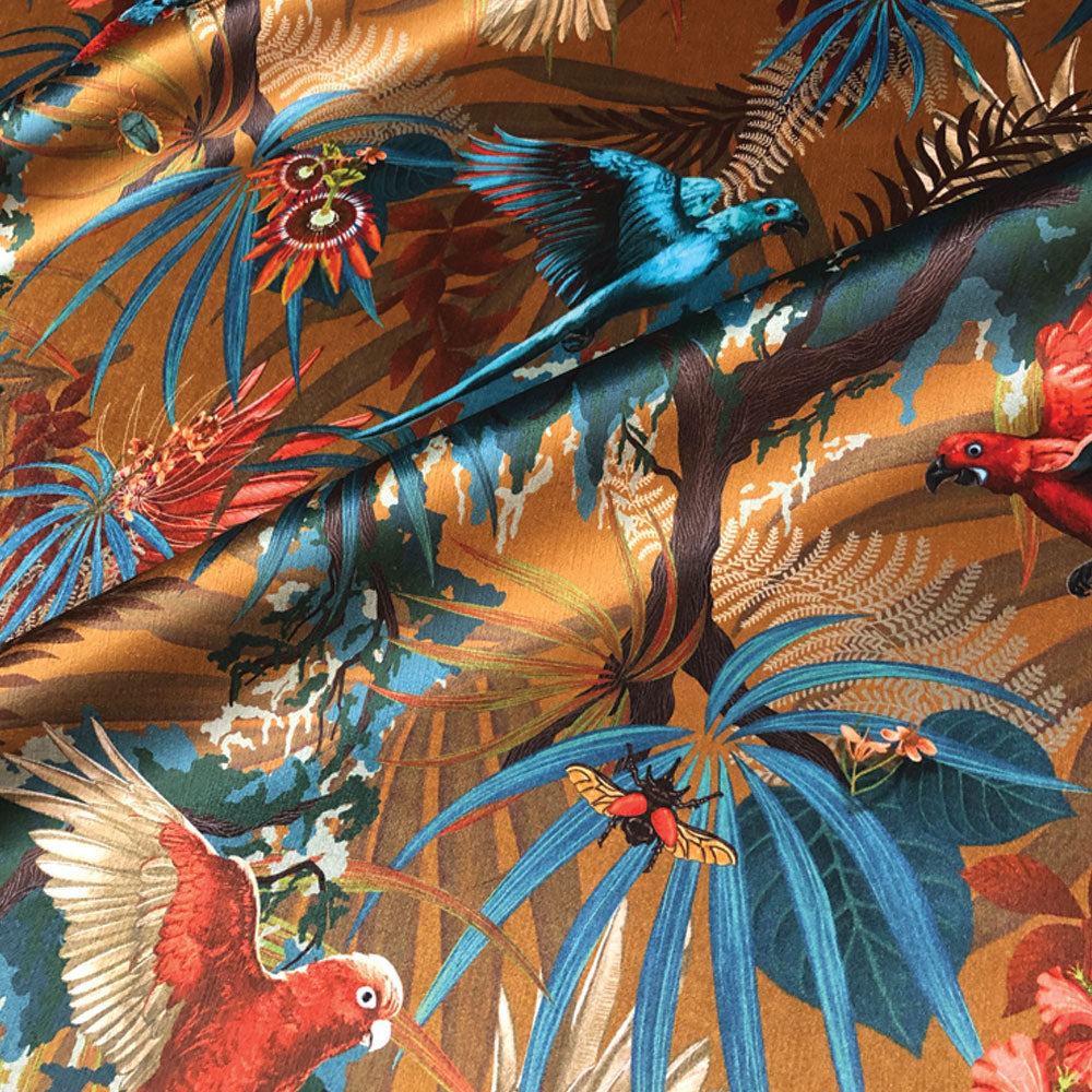 Colourful Rainforest Birds Velvet in Mustard, Becca Who – Becca Who Ltd