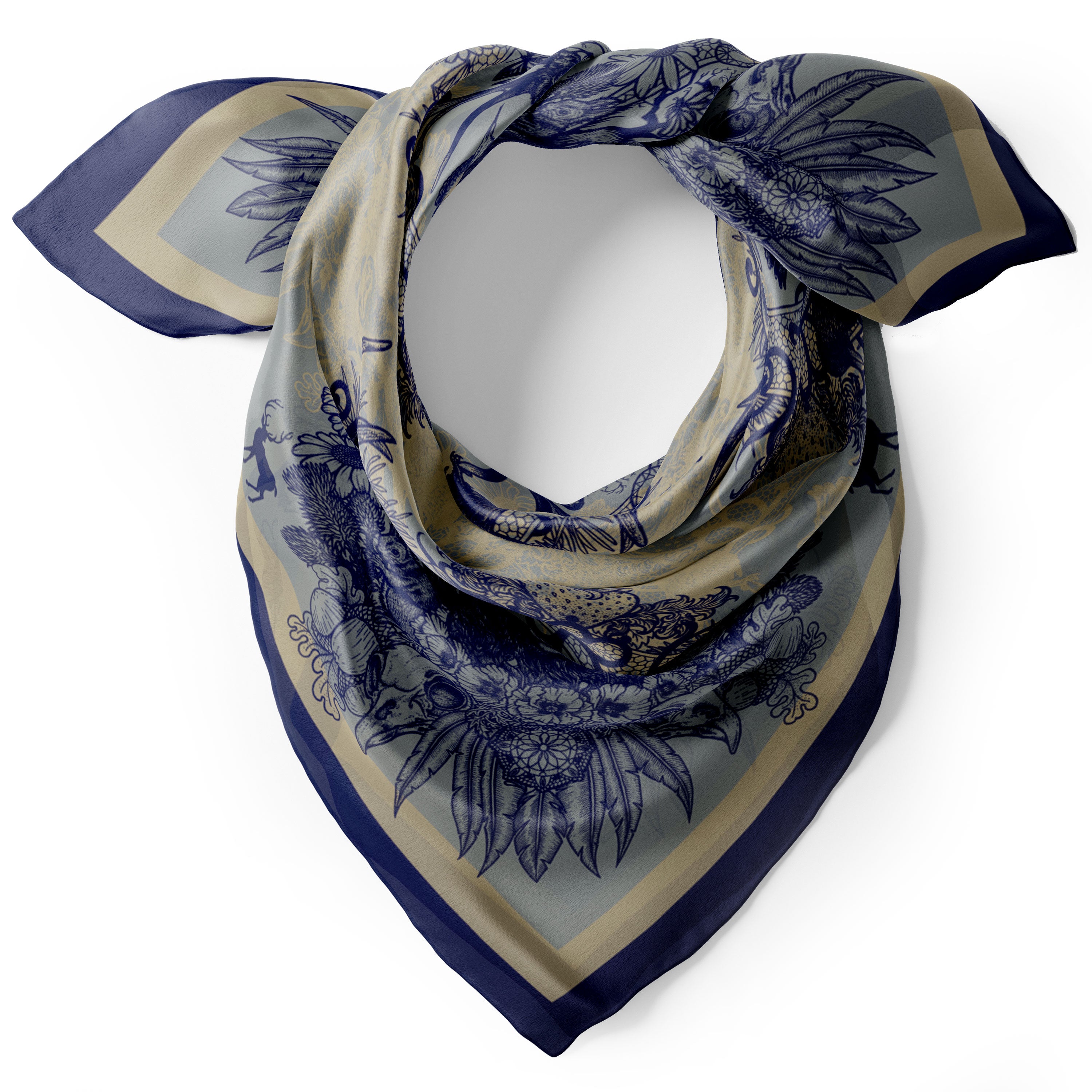 Stag in Navy Gold Pure Silk Neckerchief 65cm